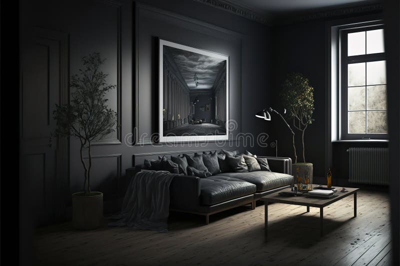 Dark Living Room Interior with Black Empty Wall Stock Illustration ...