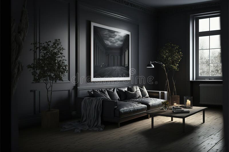 Dark Living Room Interior with Black Empty Wall Stock Illustration ...