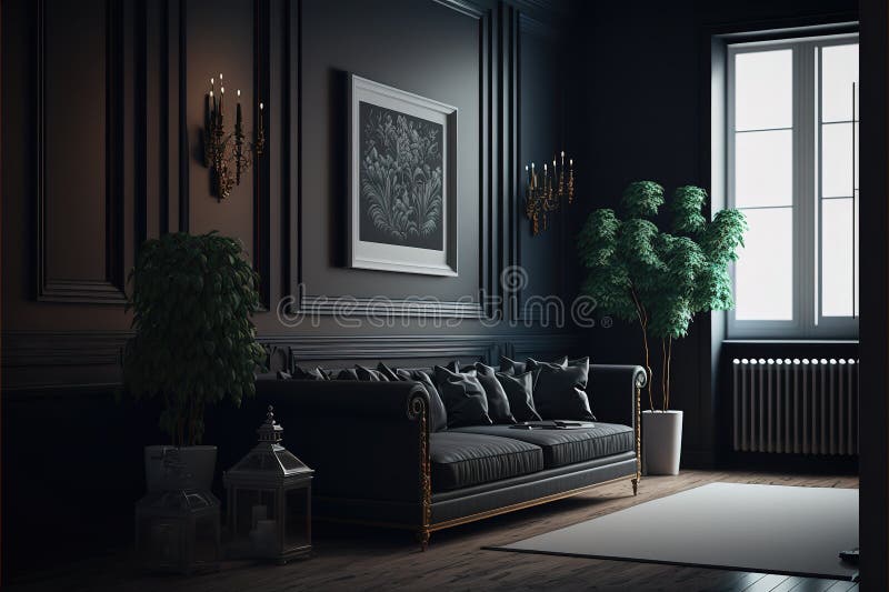 Dark Living Room Interior with Black Empty Wall Stock Illustration ...