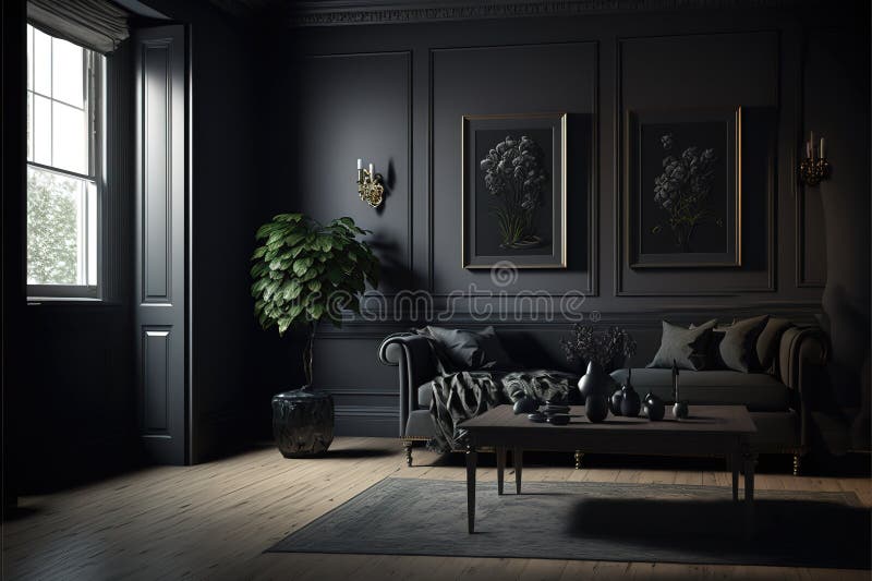 Dark Living Room Interior with Black Empty Wall Stock Illustration ...