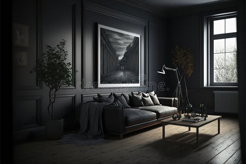 Dark Living Room Interior with Black Empty Wall Stock Illustration ...