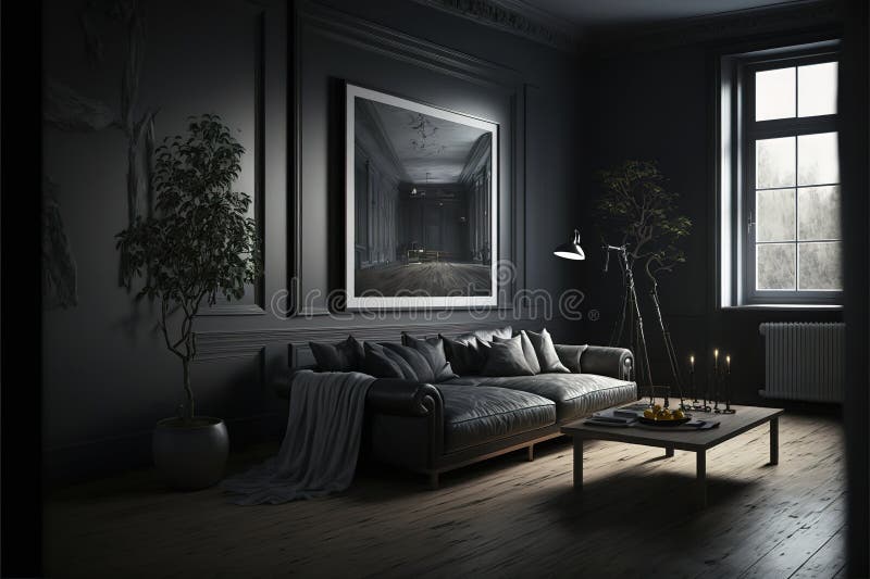 Dark Living Room Interior with Black Empty Wall Stock Illustration ...