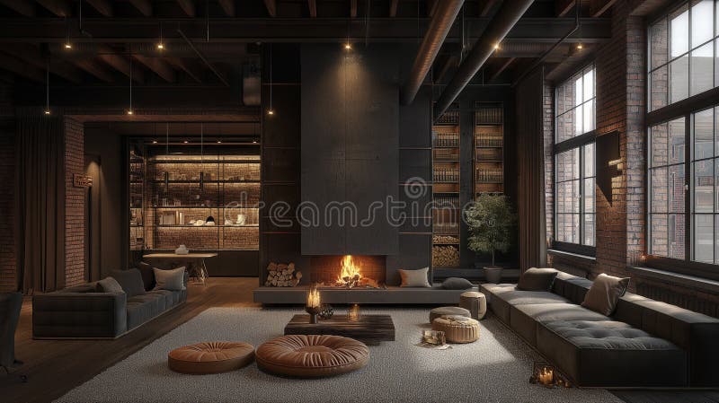 Dark Living Room Loft with Fireplace, Industrial Style, 3d Render Stock ...