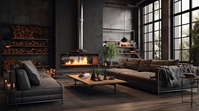 Dark Living Room Loft with Fireplace, Stock Photo - Image of render ...