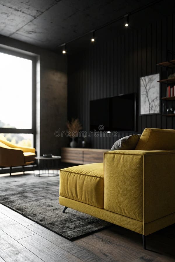 Dark Living Room Loft with Yellow Sofa Stock Photo - Image of design ...