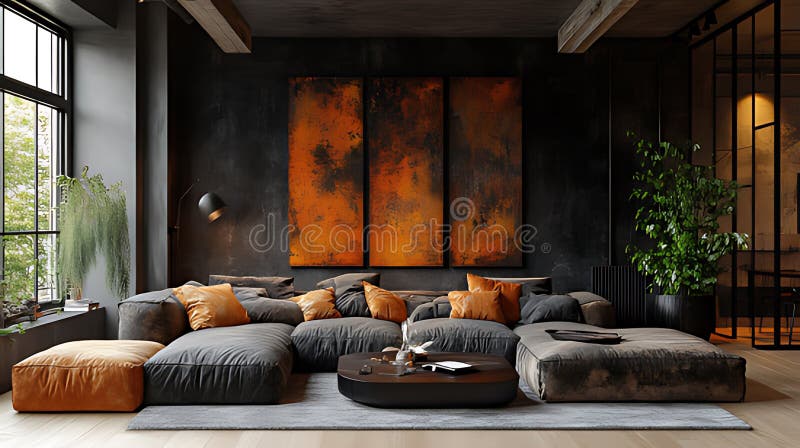 Dark Loft Apartment Living Room Sectional Sofa Relaxation Design Stock ...