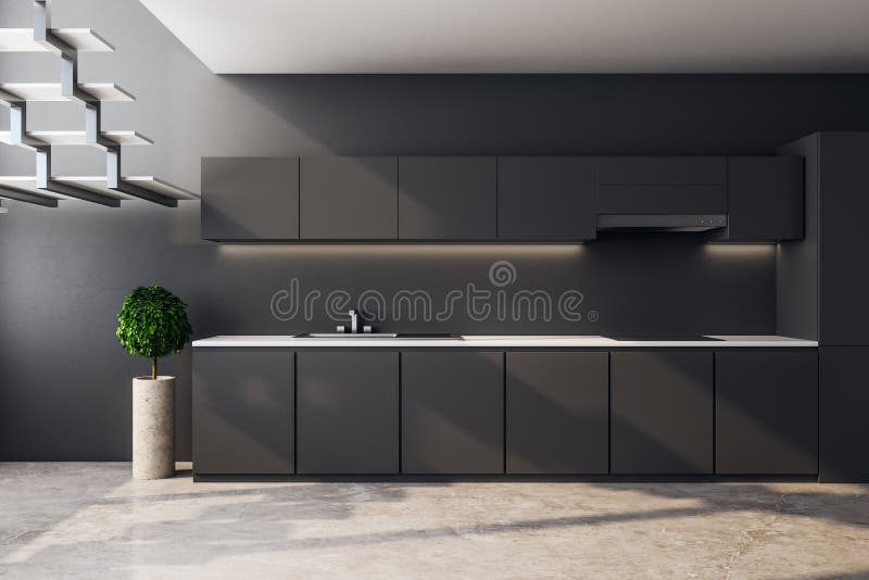 Dark loft kitchen interior stock illustration. Illustration of ...