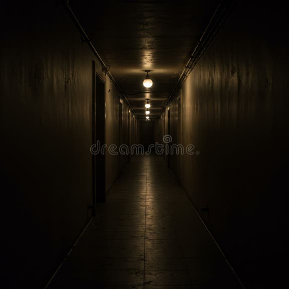 Dark Long Hallway with Dim Lights Stock Illustration - Illustration of ...