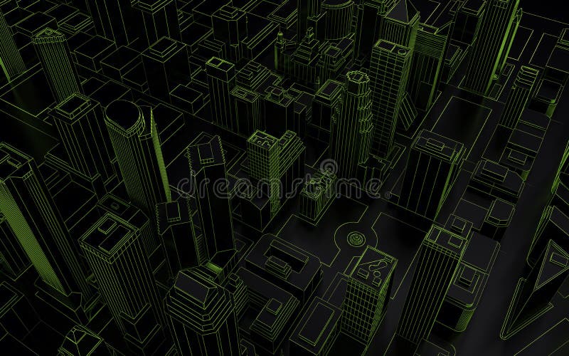 Dark Low Poly City Green Mesh 3d Rendering Stock Illustration ...