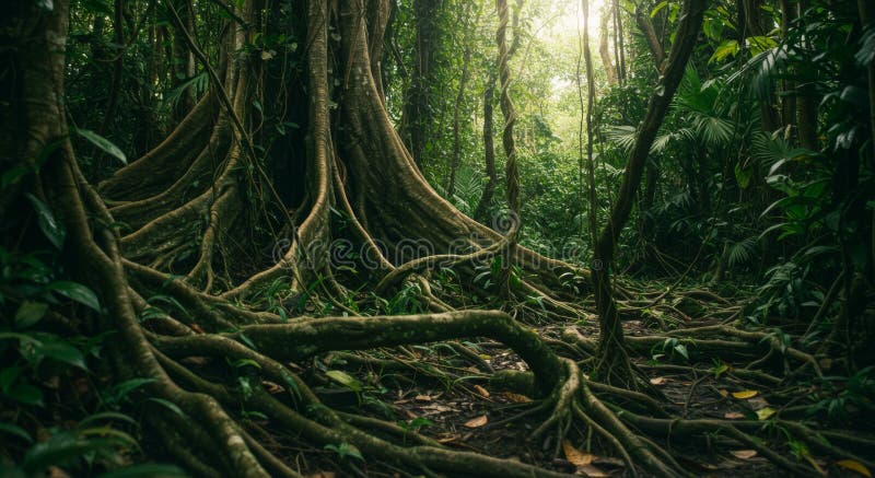 Dark Lush Tropical Forest with Exposed Tree Roots Stock Illustration ...