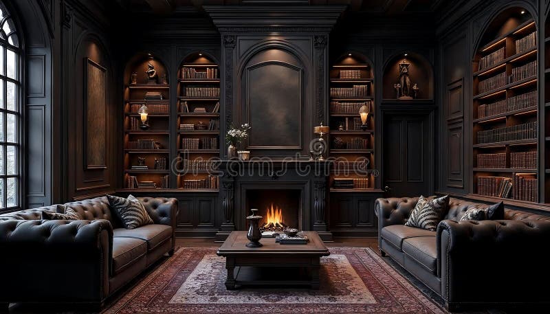 Dark Luxury Library Interior Design with Fireplace and Bookshelves ...