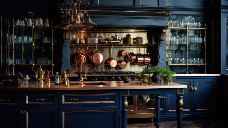 Dark Luxury Vintage Style Kitchen Interior Stock Photo - Image of table ...