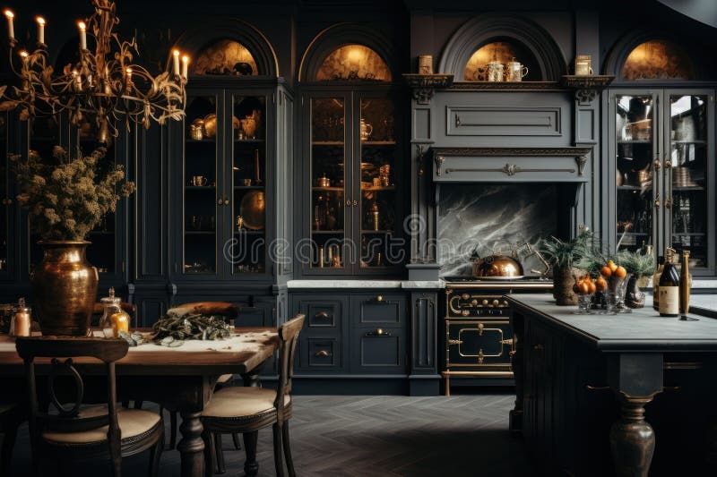 Dark Luxury Vintage Style Kitchen Interior Stock Photo - Image of ...