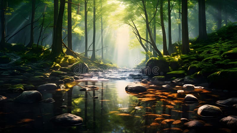Dark Magic Forest, Wild Forest with River Stock Illustration ...