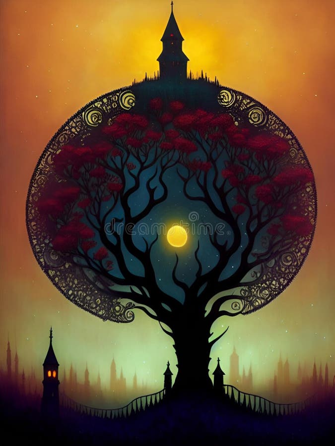 A Dark Magic Tree Near the Castle. Stock Illustration - Illustration of ...