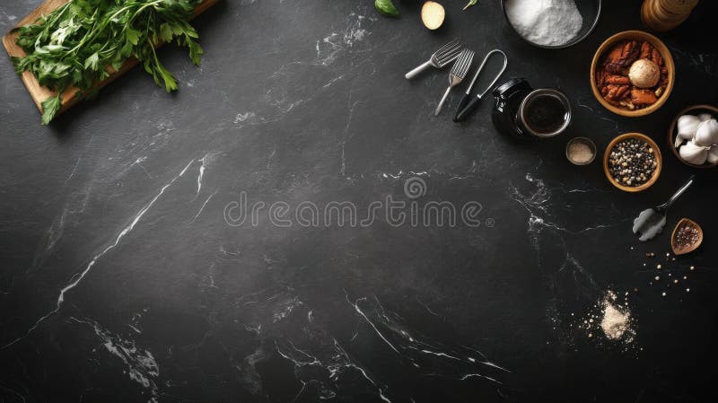 Dark Marble Cooking Background, Herbs, Spices & Utensils Stock ...