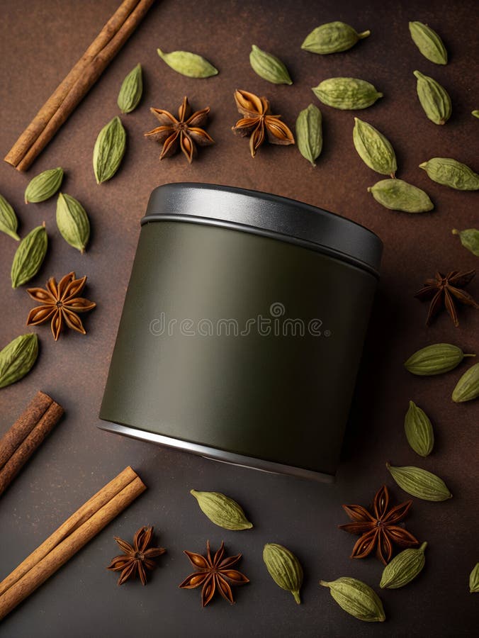 Blank Dark Matte Tin Surrounded Spices Rustic Surface Stock Photos ...