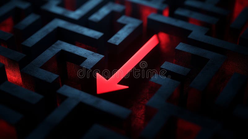 Dark Maze with Glowing Red Arrow, Abstract Pathfinding Concept Stock ...