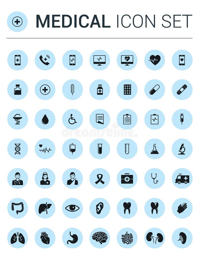 Dark Medical Icon Set in Light Blue Circles Stock Vector - Illustration ...