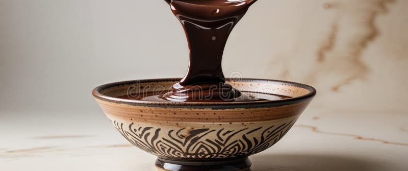 Dark Melted Chocolate is Pouring into a Decorative Ceramic Bowl. Stock ...