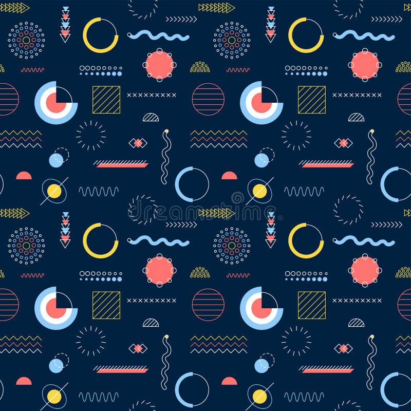 Dark Memphis Background. Trendy Geometric Shapes and Other Elements ...