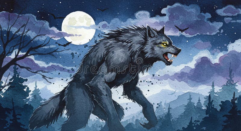 A Dark, Menacing Werewolf with Glowing Yellow Eyes Prowls in a Forest ...