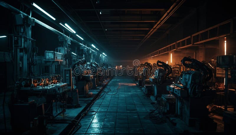 Dark Metal Workshop Illuminated by Machinery Lighting Generated by AI ...