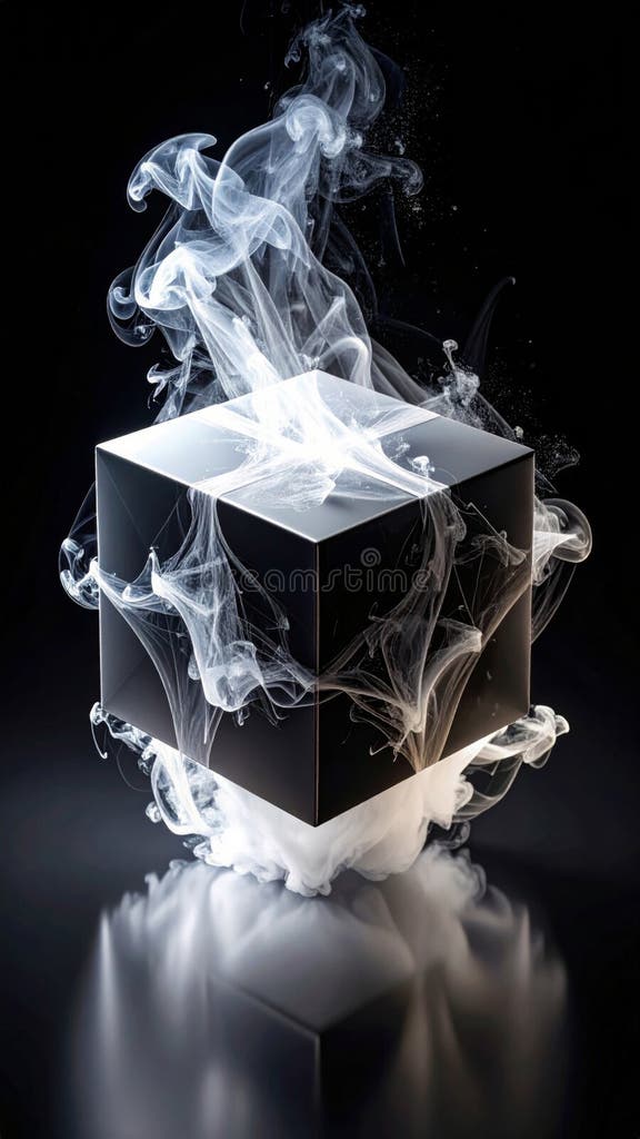 Dark Metallic Cube Emerging from White Smoke Stock Illustration ...