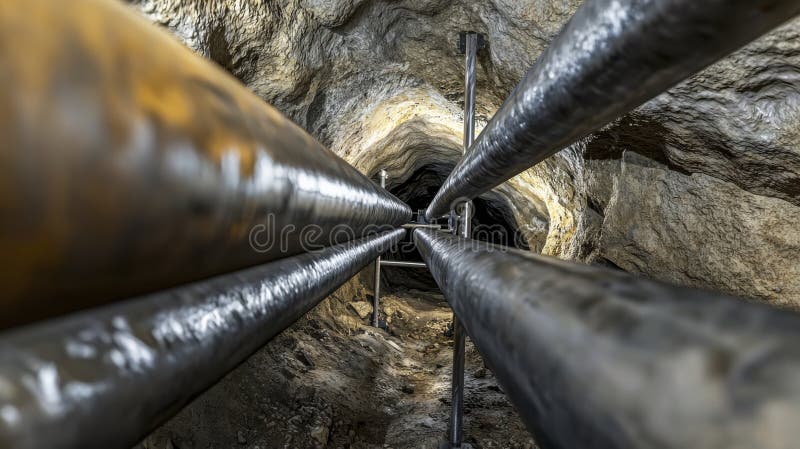 Metallic Pipes in a Dark Rock Tunnel Stock Illustration - Illustration ...