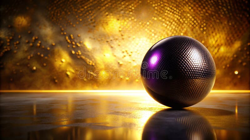 Dark Metallic Sphere on Reflective Surface with Golden Backdrop ...