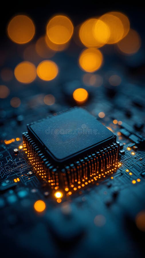 A Dark Microchip, Illuminated with Warm Orange Light, Sits on a Circuit ...