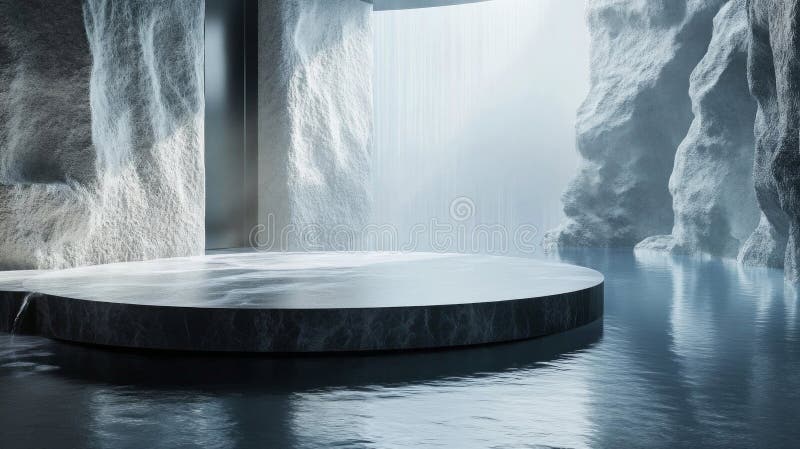 Dark Minimalist Circular Platform in a Wet Stone Cave with Waterfall ...