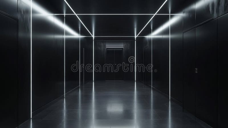 Dark Minimalist Corridor with Bright Linear Lights Stock Illustration ...