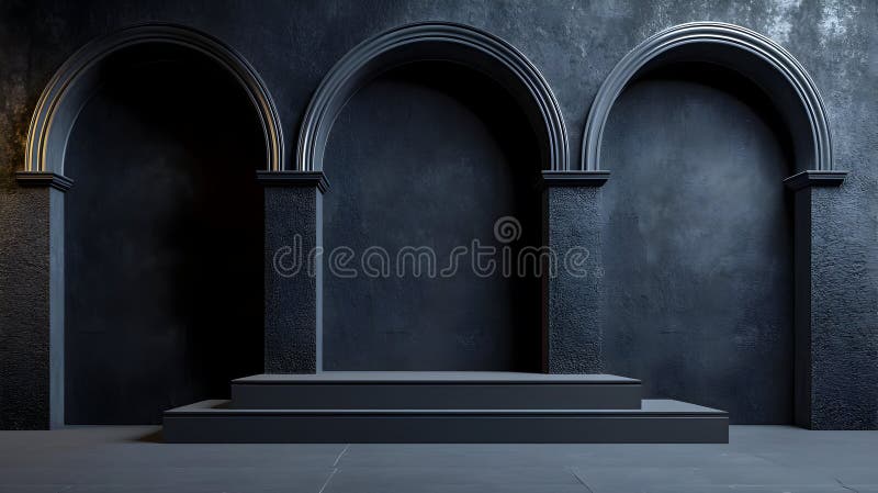 Dark Minimalist 3D Render with Arches and Platform Stock Illustration ...