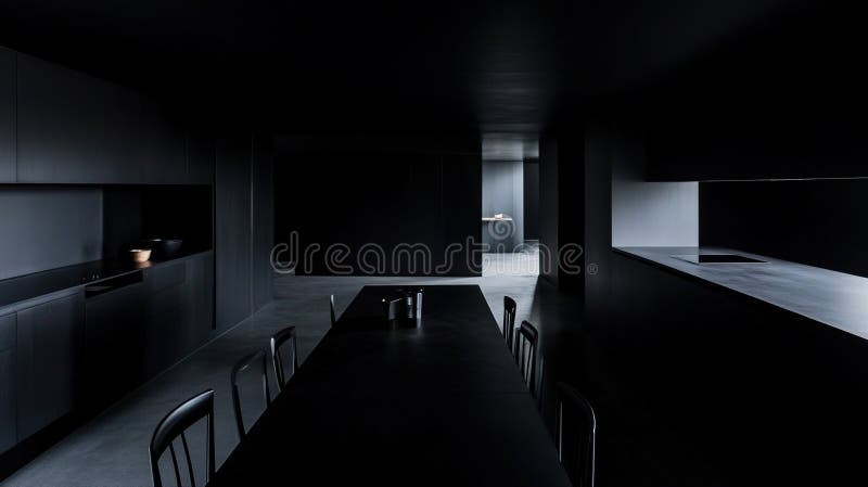 Dark Minimalist Kitchen, Dining Area, Open Plan Apartment, Interior ...