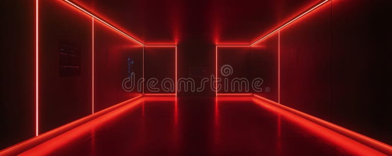 A Dark, Minimalist Room Illuminated by Sharp Red LED Strips Along the ...