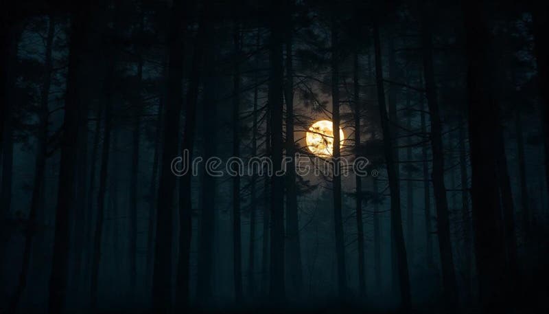 Dark Misty Forest at Night with Glowing Moon Shining through the Trees ...