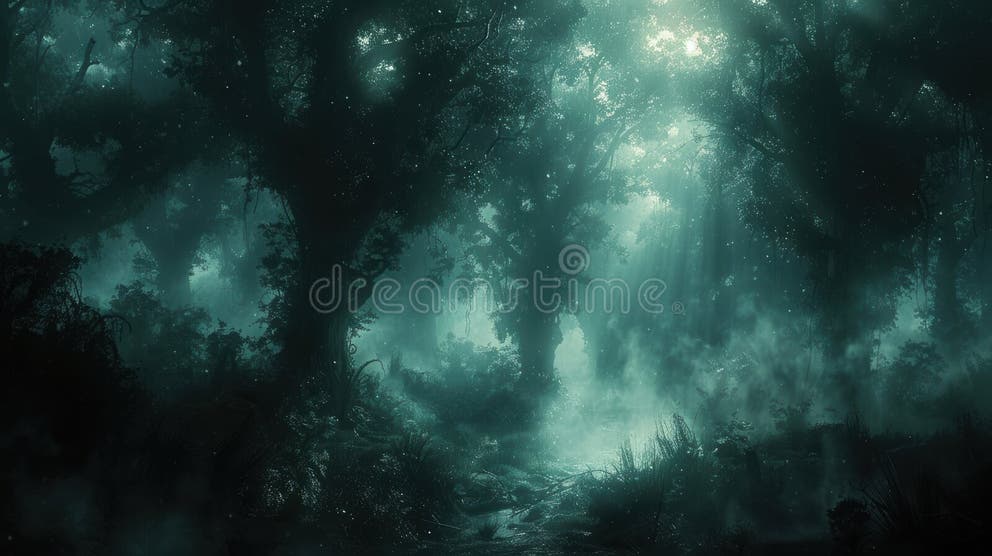 Dark Misty Forest, Night in a Forest, Moonlight Percolates through Tree ...