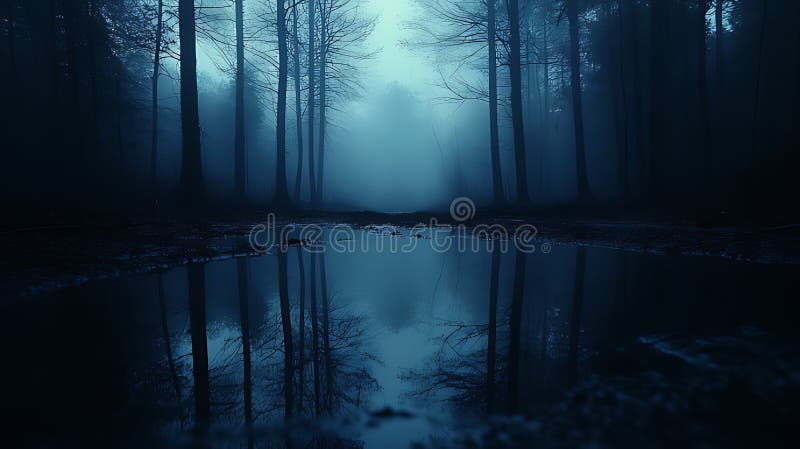 Dark Misty Forest Path Reflecting in Puddle at Night Stock Illustration ...