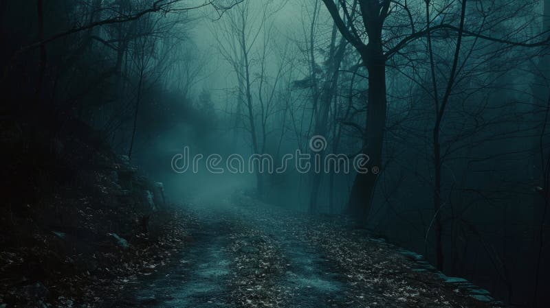 Dark Misty Forest Path Surrounded by Tall Trees at Twilight Stock Image ...