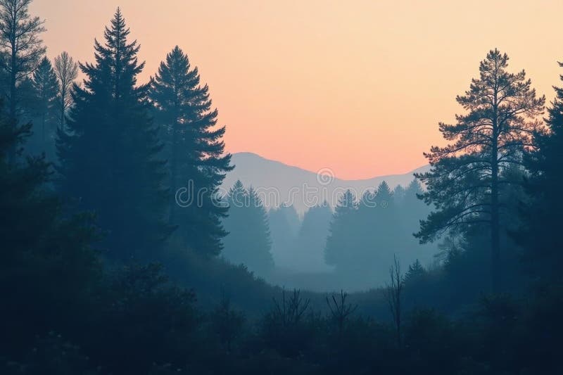 Dark Misty Forest Silhouette Against Pale Sky Monochrome Dark Stock ...