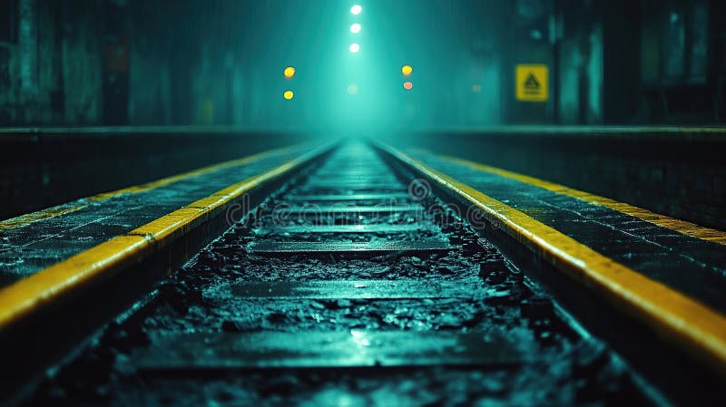 Dark, Misty Train Tracks Receding into a Dimly Lit Tunnel at Night ...