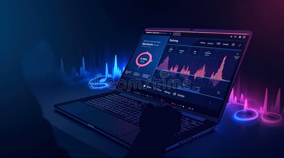 Dark Mode Analytics Dashboard on Laptop with Data Visualizations and ... Dark Mode Analytics Dashboard on Laptop with Data Visualizations and ...