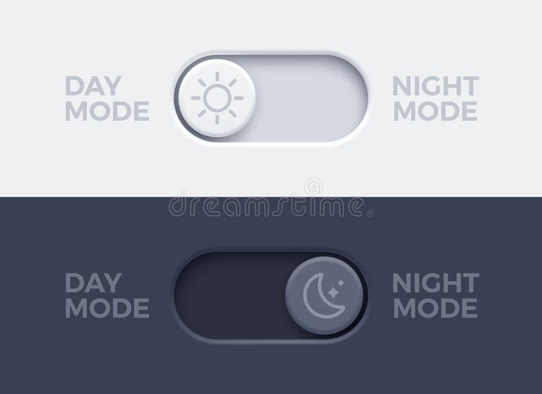 Dark Mode and Light Mode Toggle Switch Buttons. Material Design Slider Switch Buttons Set. Day ...