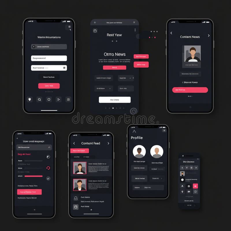 Dark Mode Smartphone App Interface with Multiple Screens Displayed. Features Stock Illustration ...