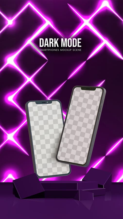 Dark Mode Smartphones Mockup Scene with Neon Hexagons Grid Stock Vector ...