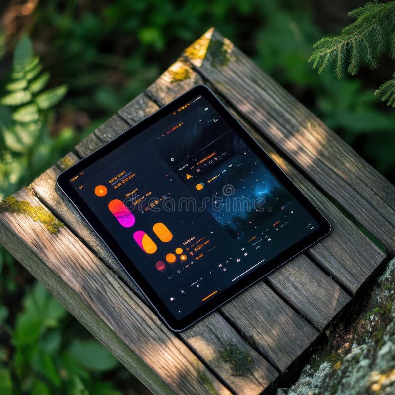 Dark Mode Tablet UI with Circular Progress Bars and Night Sky Wallpaper ...