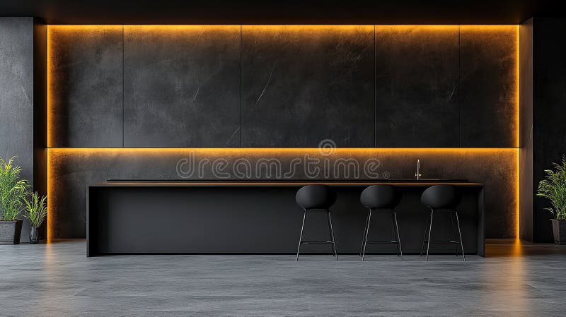Dark Modern Bar, Illuminated Wall, Empty Stools, City View Stock Image ...