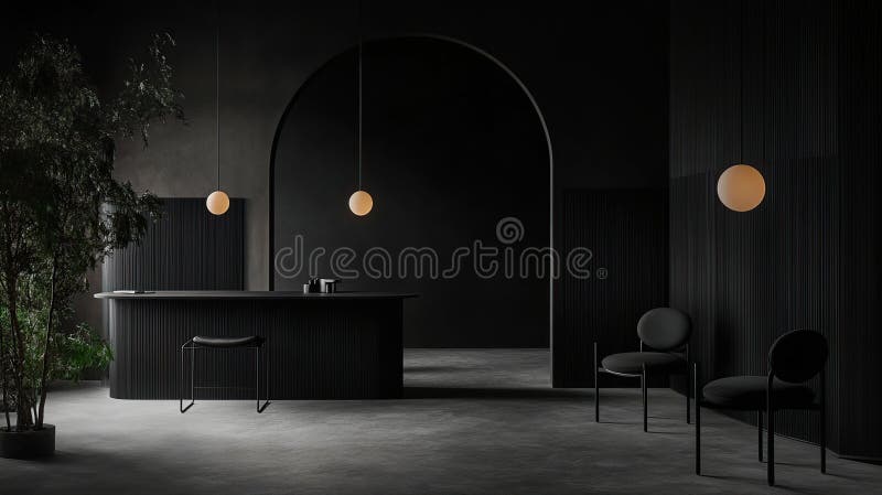 Dark Modern Bar Interior, Archway, Plants, Lighting Stock Image - Image ...