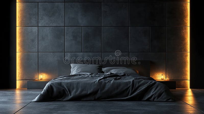 Dark Modern Bedroom, Concrete Wall, Glowing Lines, Night, Interior ...